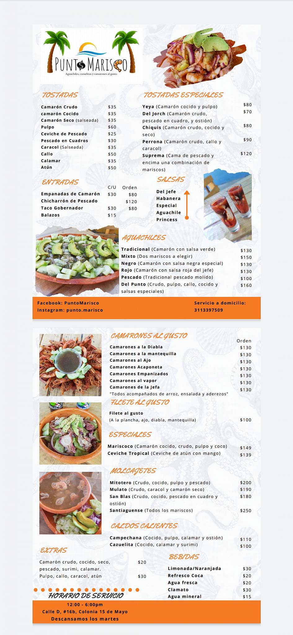 Menu at Punto marisco restaurant, Xalisco