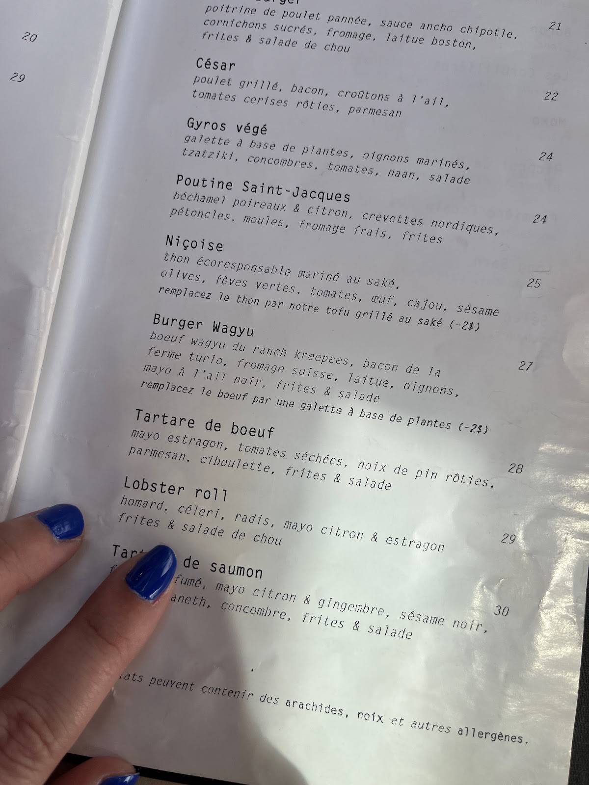 Menu au QUAI 1635 restaurant, Québec