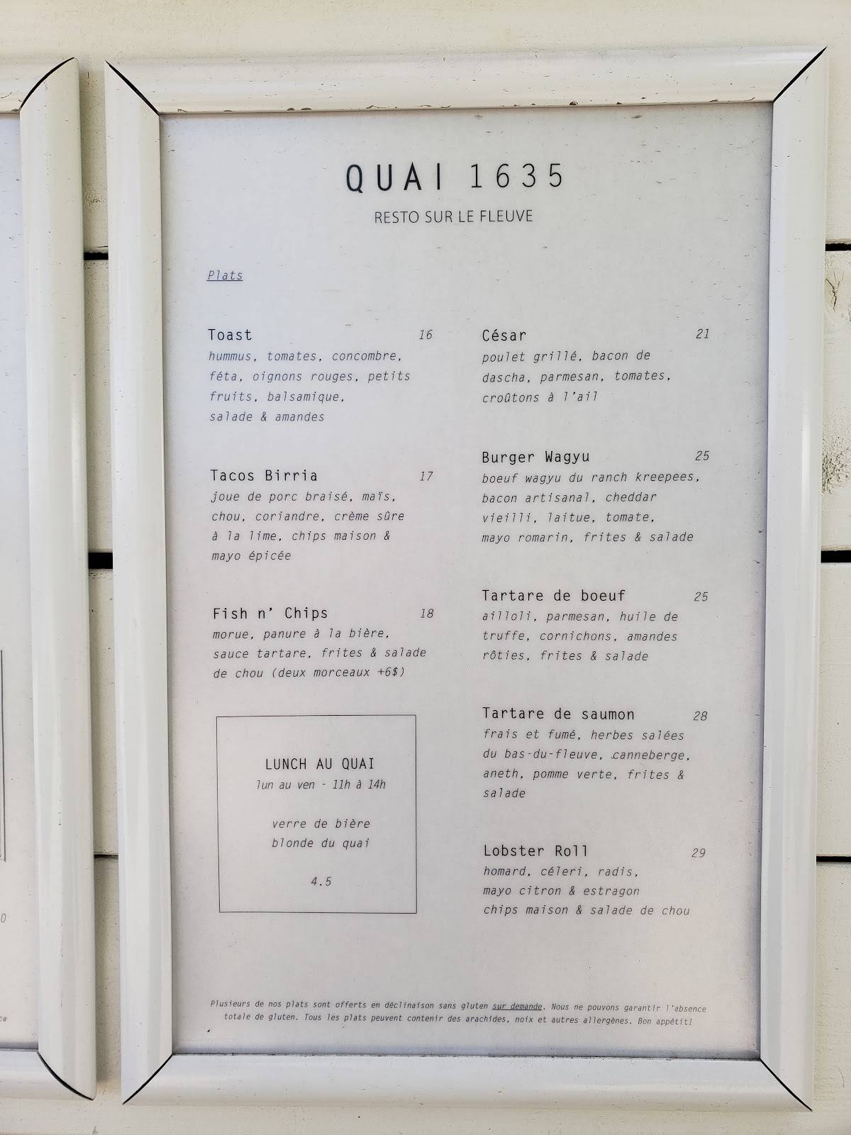 Menu au QUAI 1635 restaurant, Québec