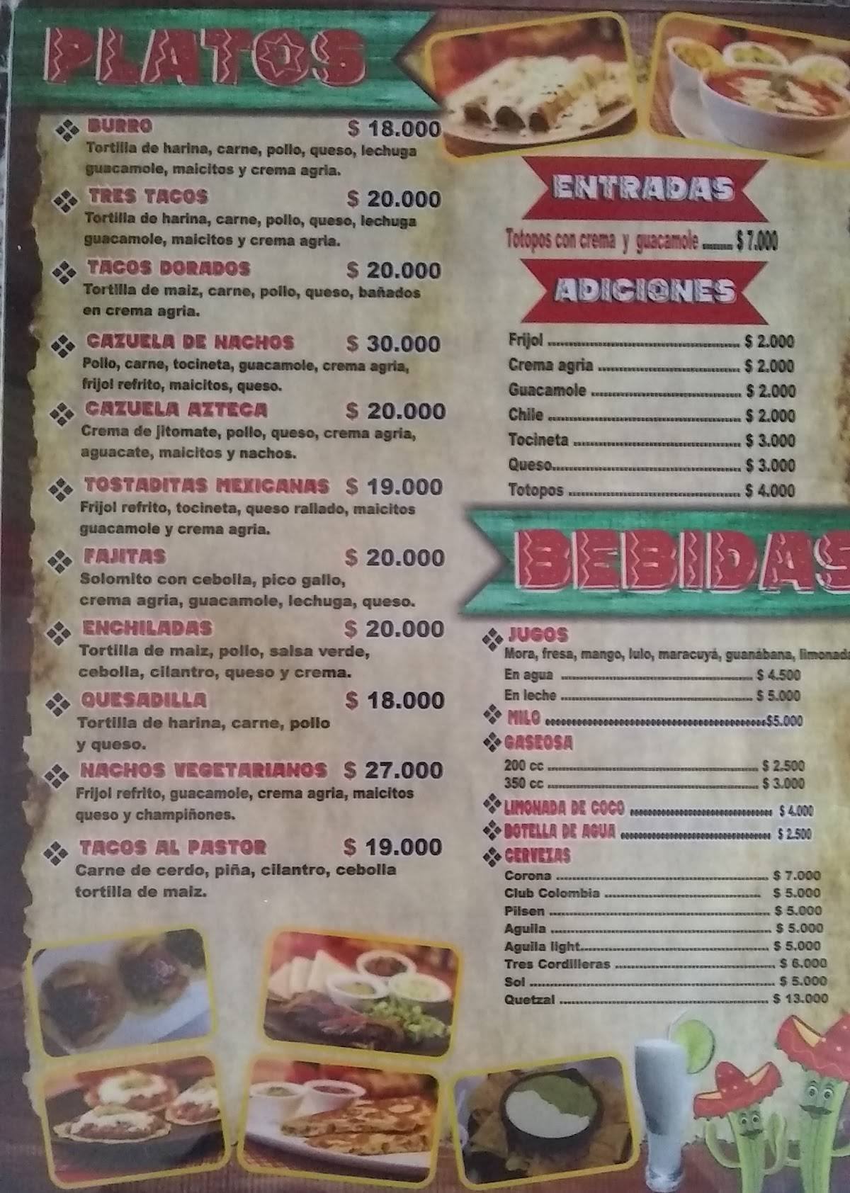 Menu at Q'chido restaurant, Rionegro