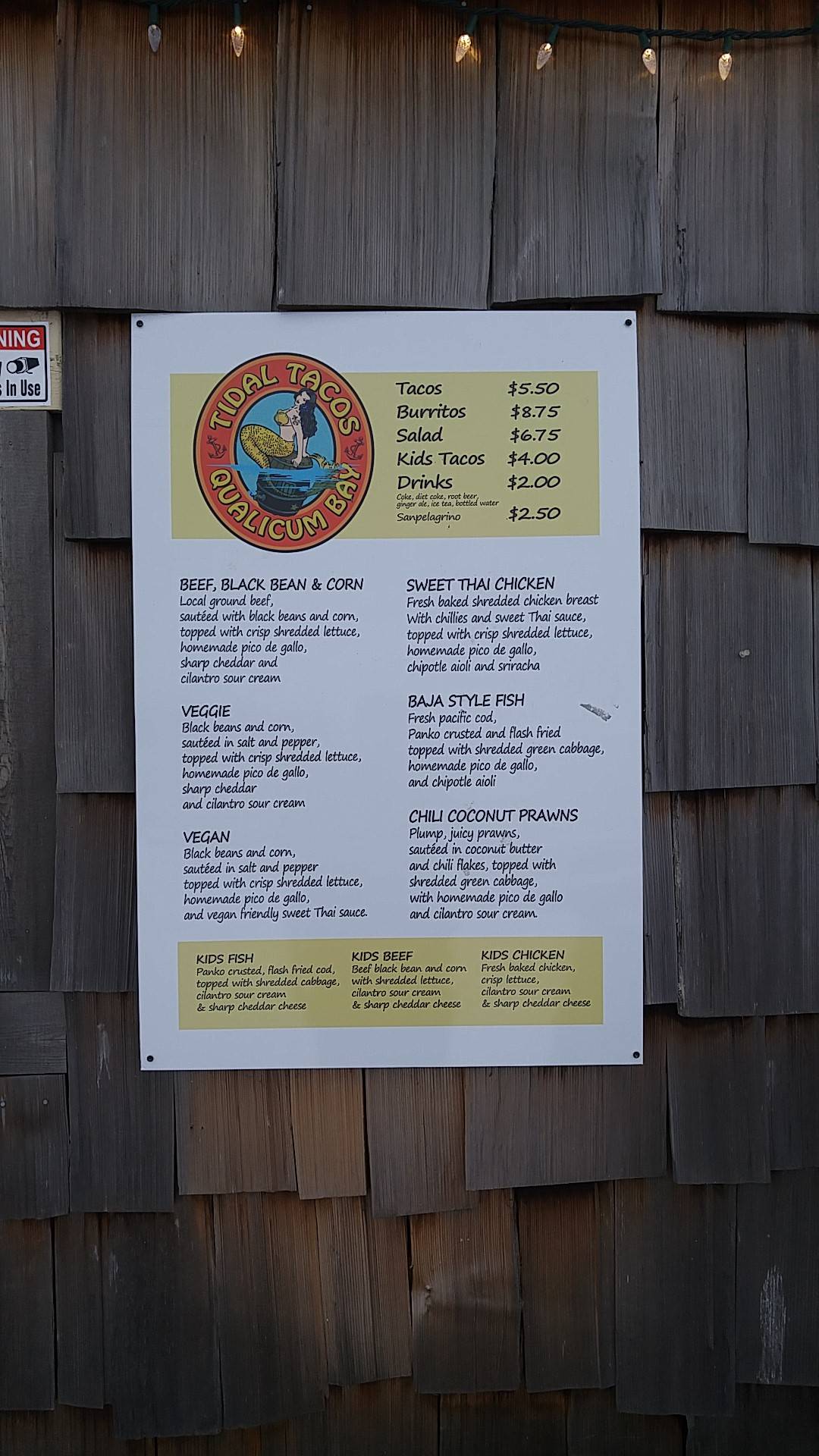Menu at Fanny Bay Tidal Tacos restaurant, Qualicum Bay