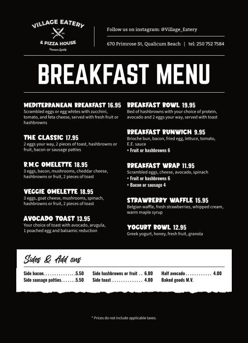 Menu at Village Eatery cafe, Qualicum Beach