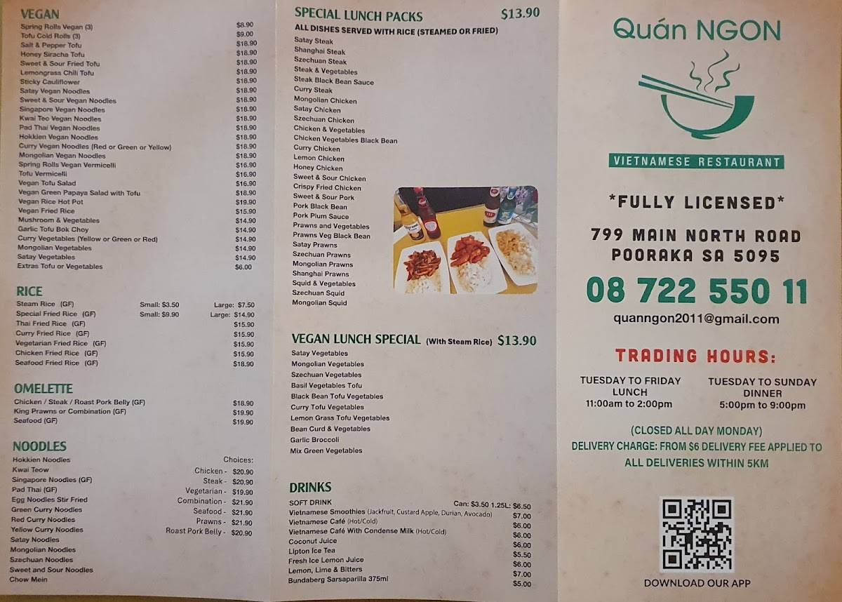 Menu at Quan Ngon restaurant, Pooraka