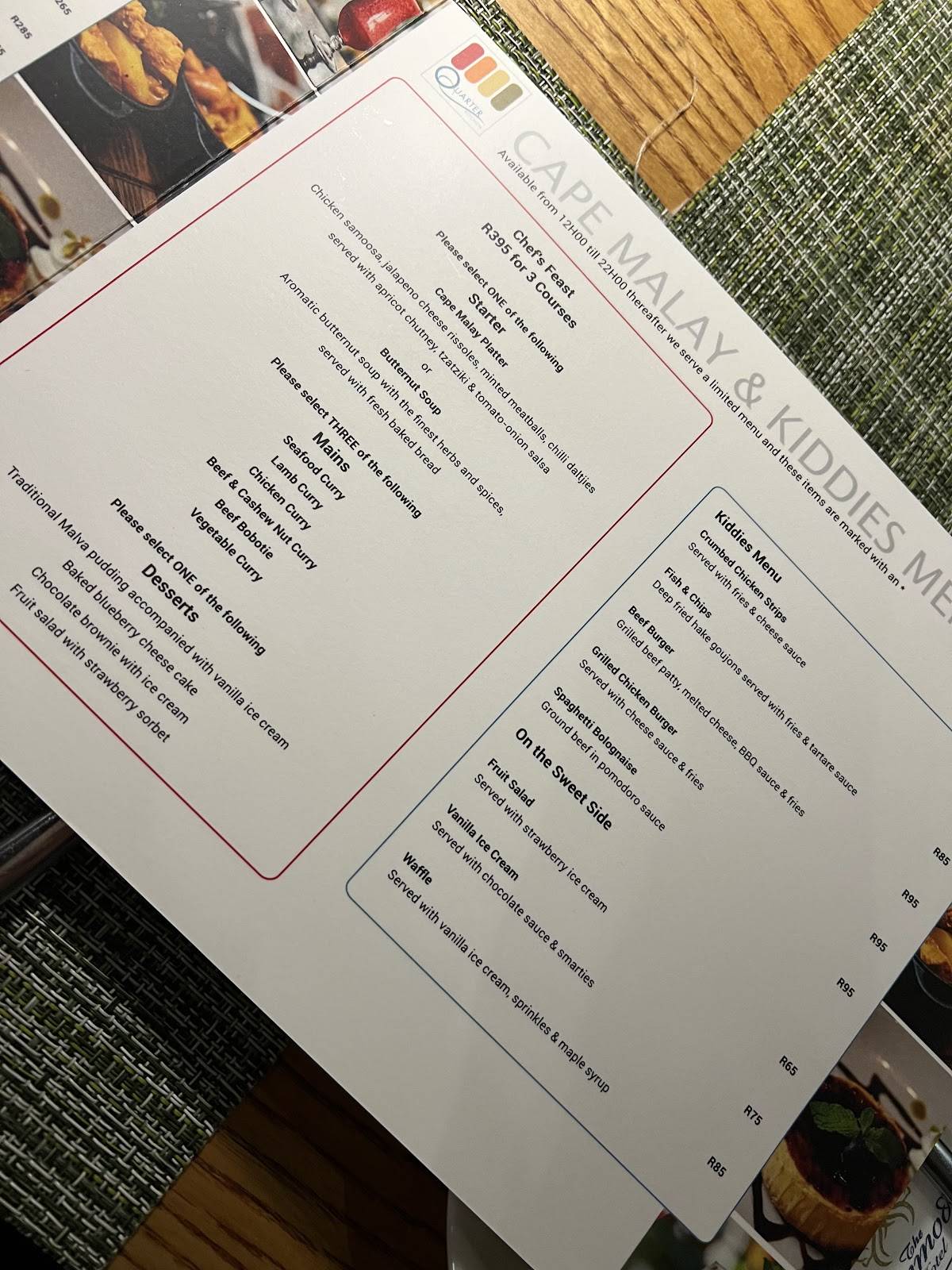 Menu at Quarter Kitchen Restaurant, Cape Town
