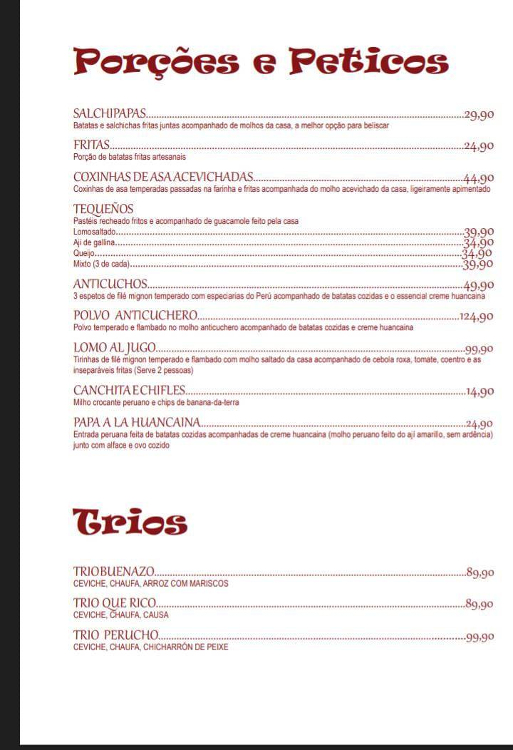 Menu em Qué Rico la Casa Peruana restaurante, Taubaté