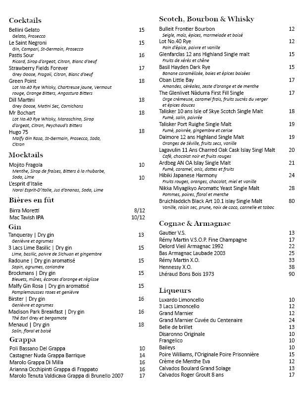 Menu au Restaurant Tonino, Québec