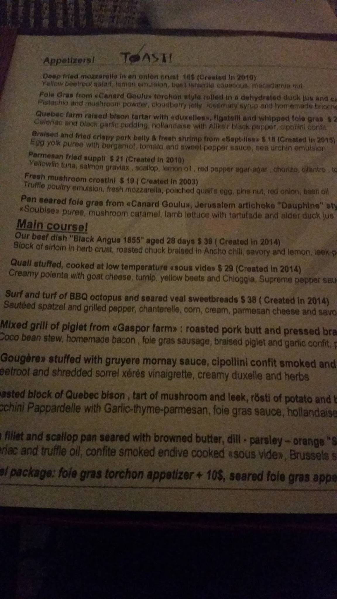 Menu at Toast restaurant, Québec City