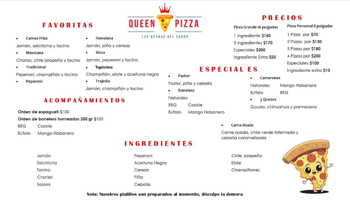 Menu at Queen Pizza restaurant, Hermosillo