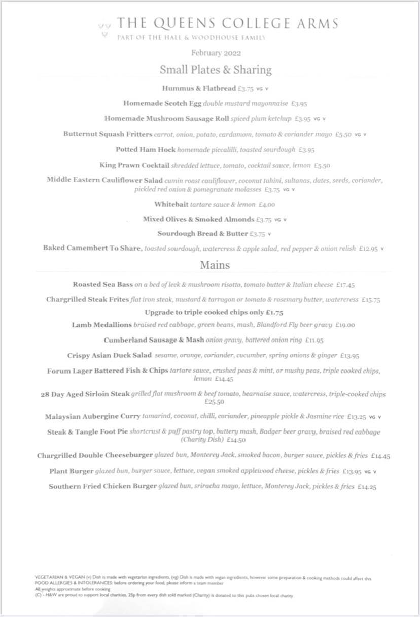 Menu at The Queens College Arms restaurant, Tadley, Aldermaston Rd