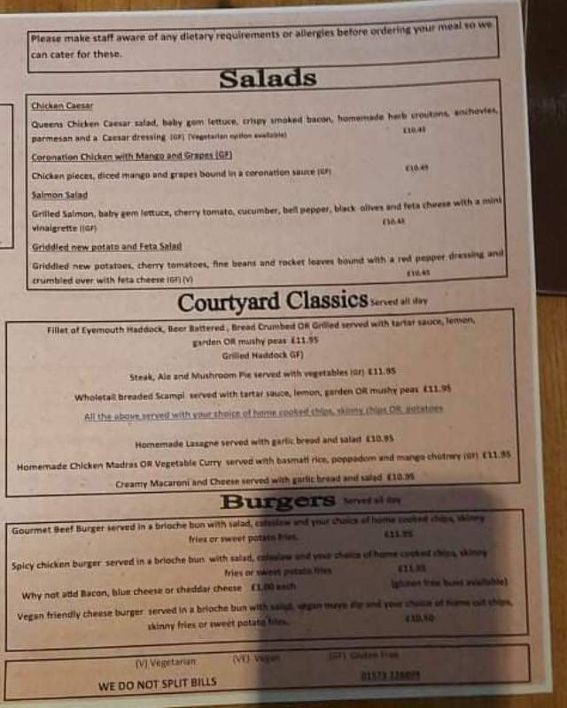 Menu at Queens Head Hotel pub & bar, Kelso