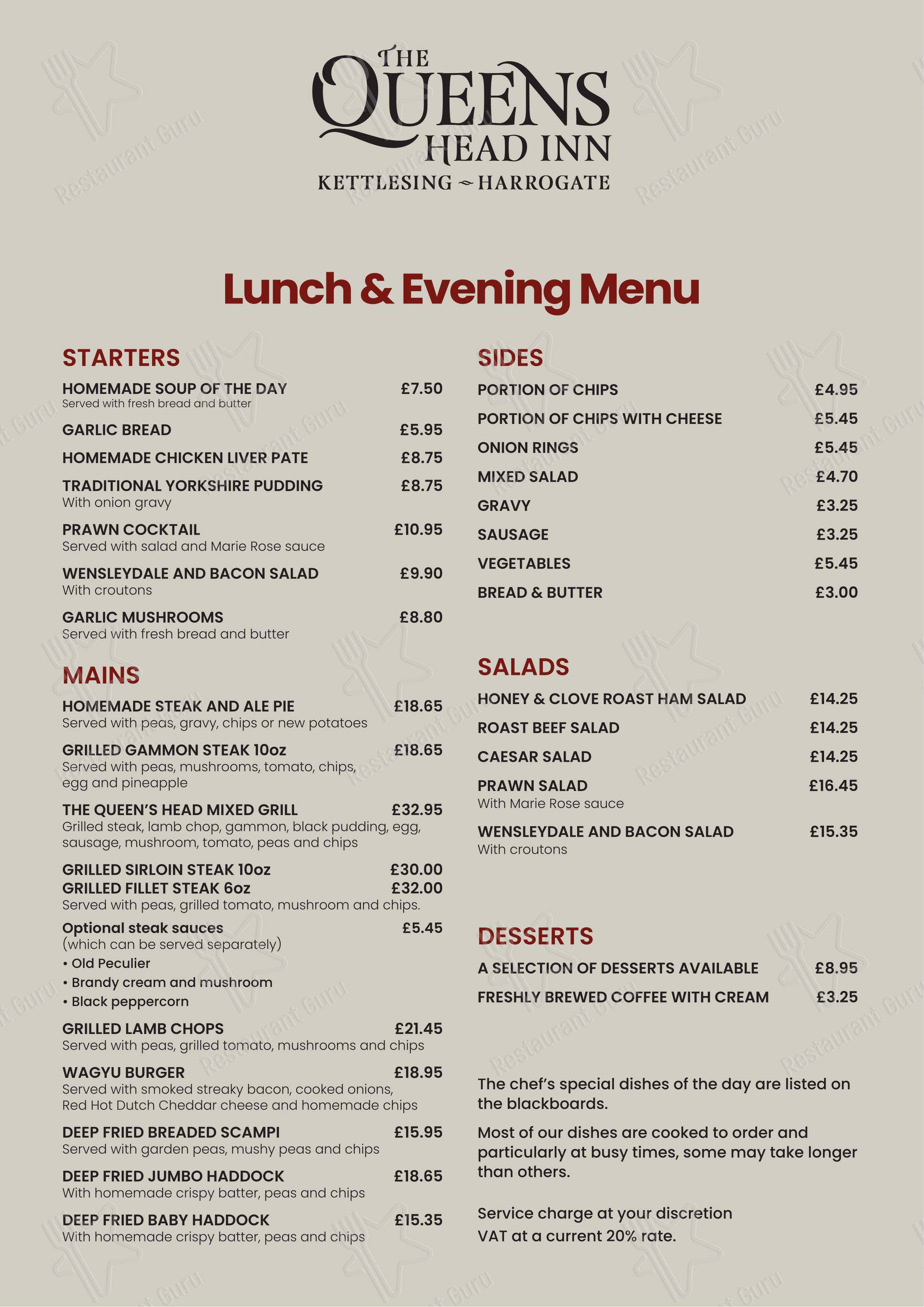 Menu at Queens Head Inn pub & bar, Kettlesing