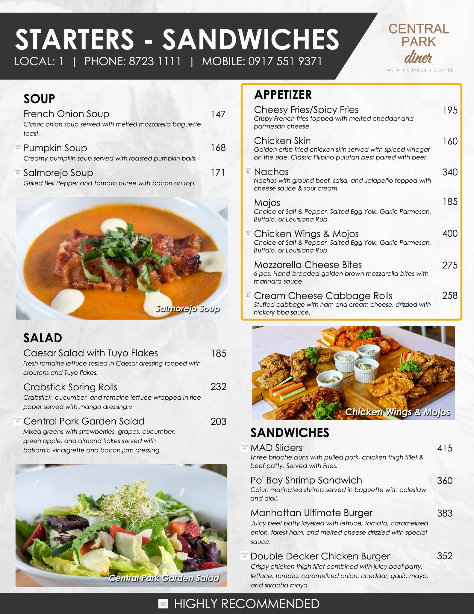 Menu at Central Park Diner restaurant, Quezon City