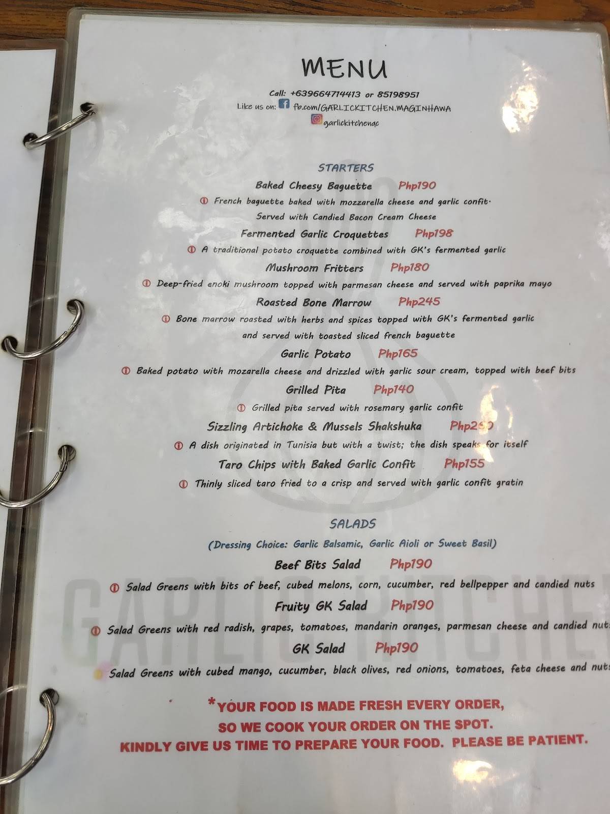 Menu at Garlic Kitchen restaurant, Quezon City