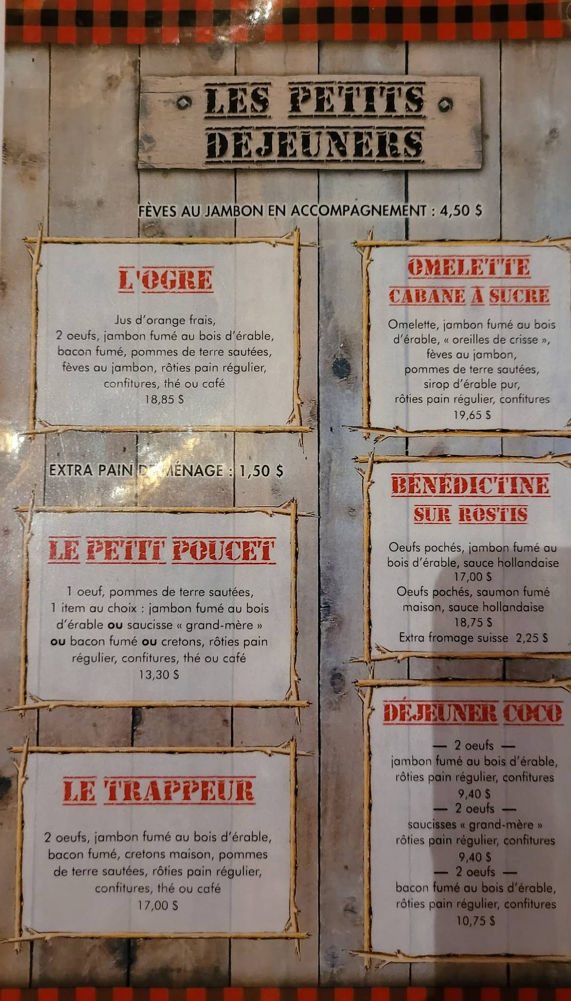 Menu au Restaurant au petit Poucet, Val-David