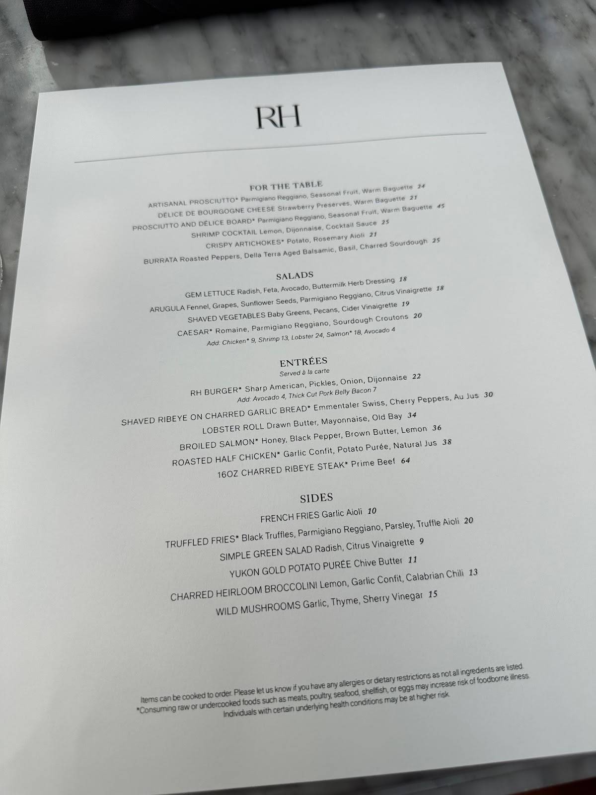 Menu at RH Rooftop Restaurant Minneapolis, Edina