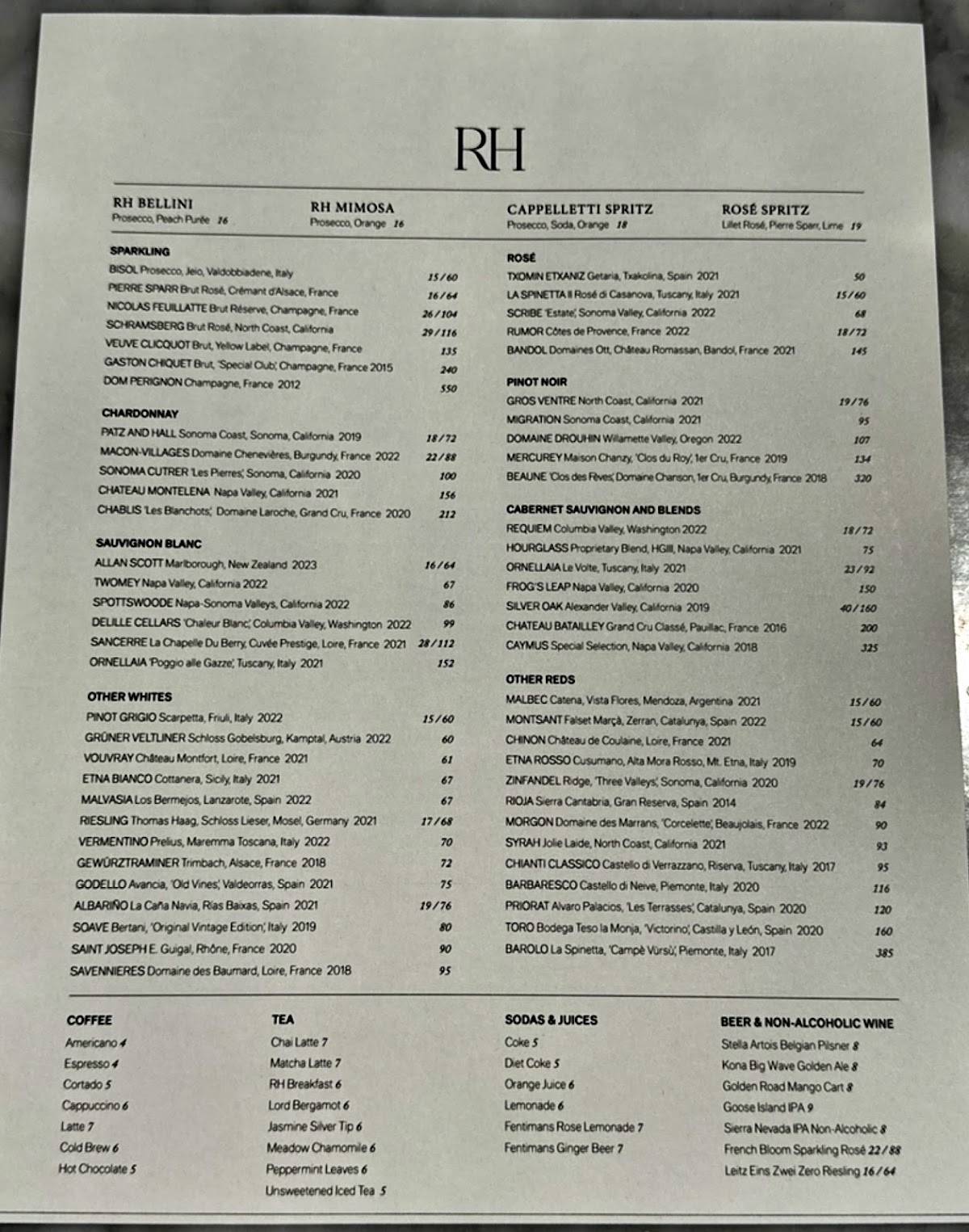 Menu at RH Rooftop Restaurant at RH Minneapolis, Edina
