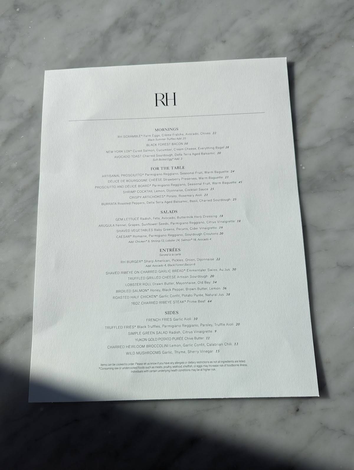 Menu at RH Rooftop Restaurant Minneapolis, Edina