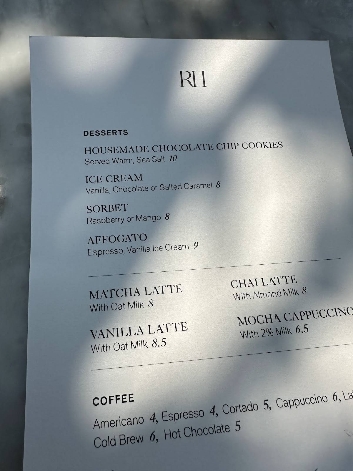 Menu at RH Rooftop Restaurant at RH Minneapolis, Edina