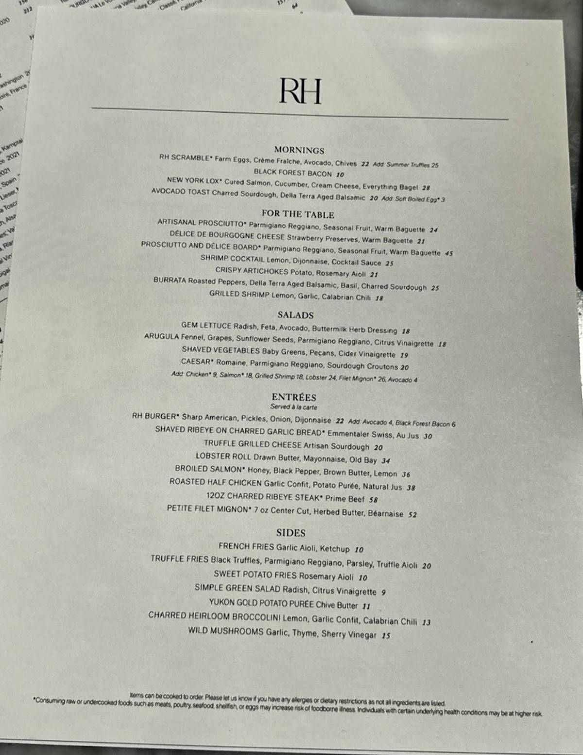 Menu at RH Rooftop Restaurant at RH Minneapolis, Edina