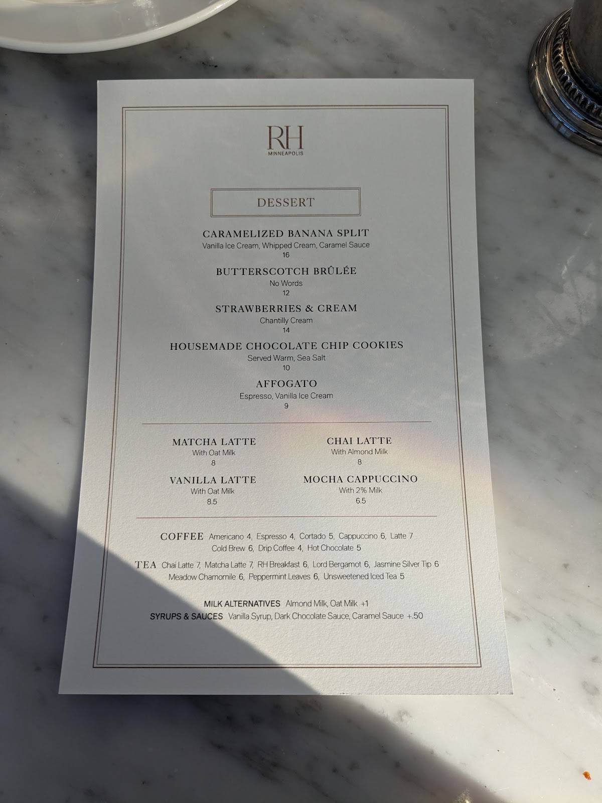 Menu at RH Rooftop Restaurant at RH Minneapolis, Edina