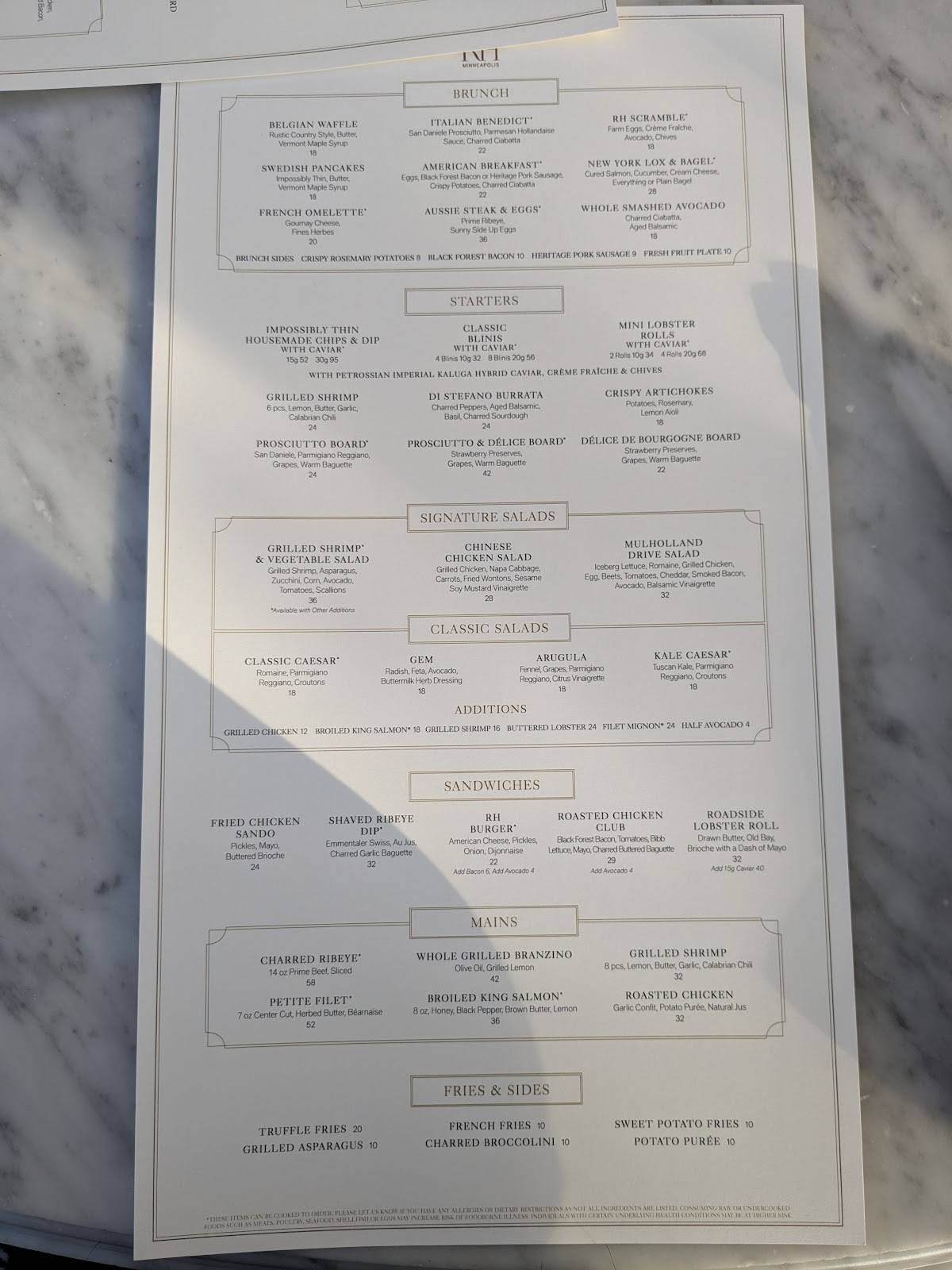 Menu at RH Rooftop Restaurant at RH Minneapolis, Edina
