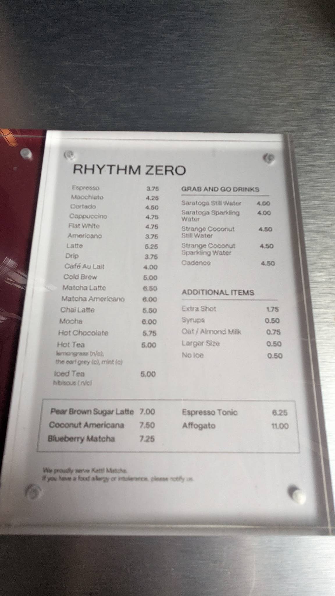 Menu at RHYTHM ZERO GREENPOINT restaurant, New York City, 32 Kent St