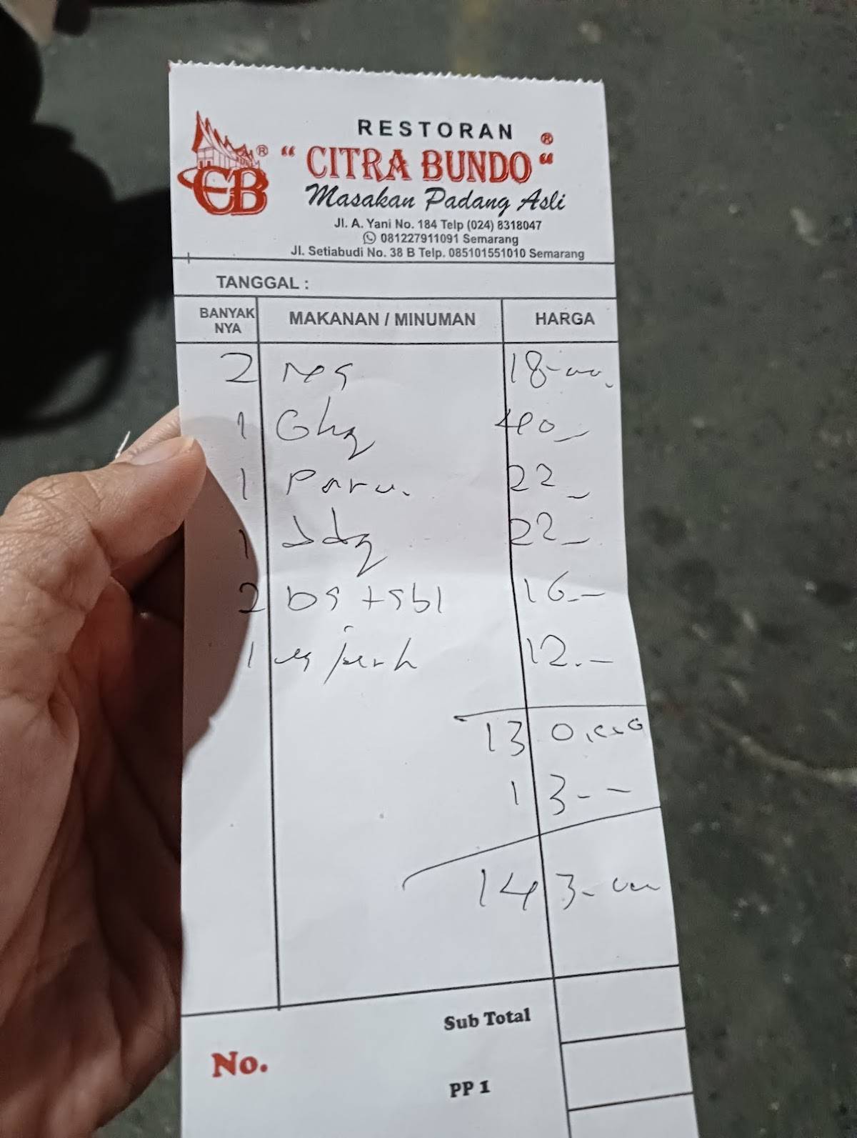 Carta del restaurante RM. Citra Bundo, Semarang, Jl. Ahmad Yani No.184A