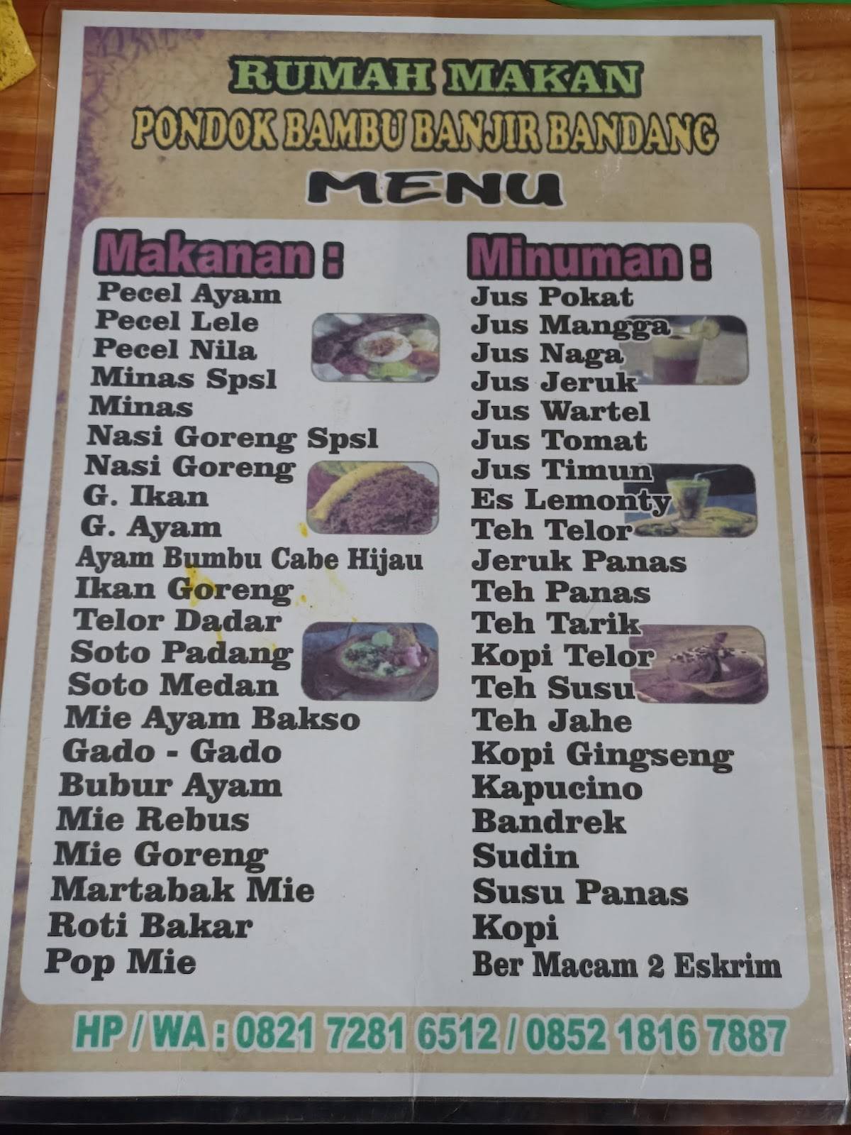 Menu at RM Pondok Bambu Banjir Bandang restaurant, Indonesia