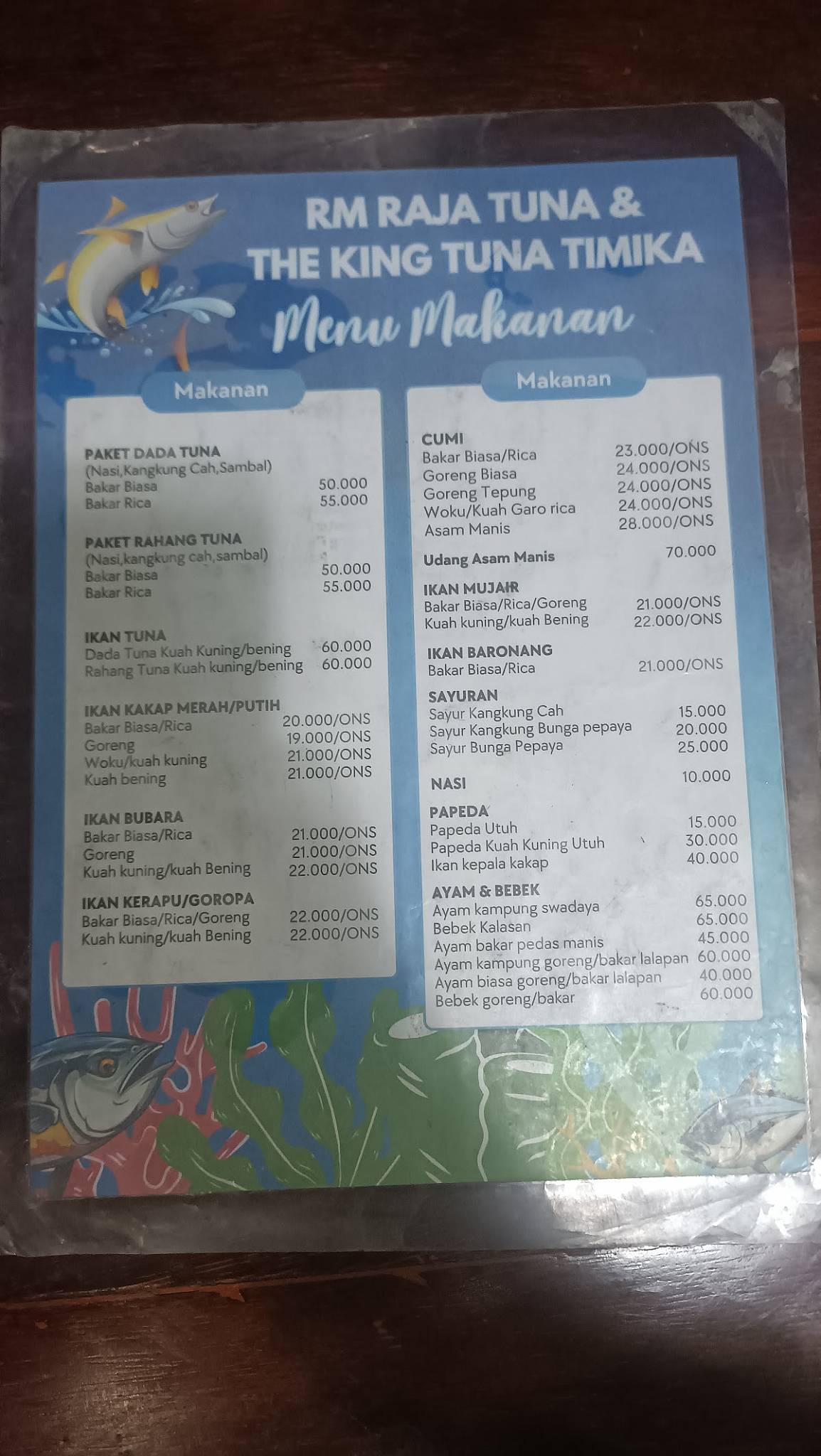 Menu at RM. Raja Tuna restaurant, Timika