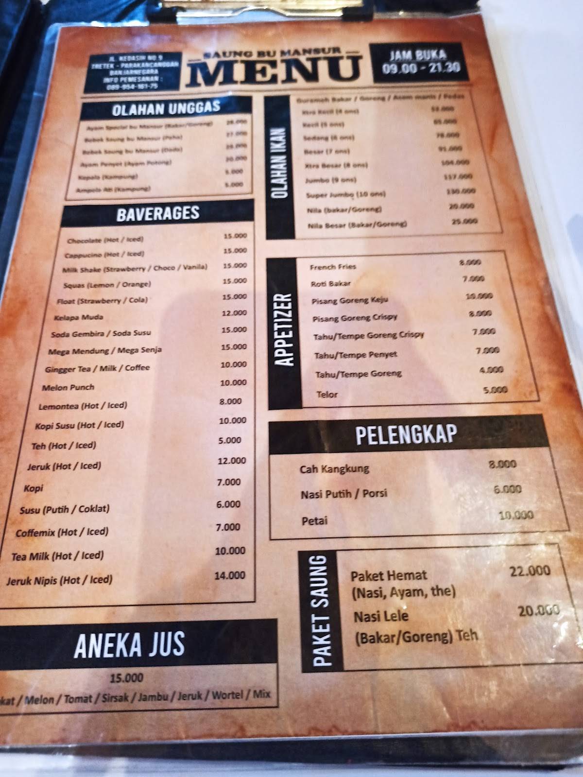 Menu at RM Saung Bu Mansur restaurant, Banjarnegara