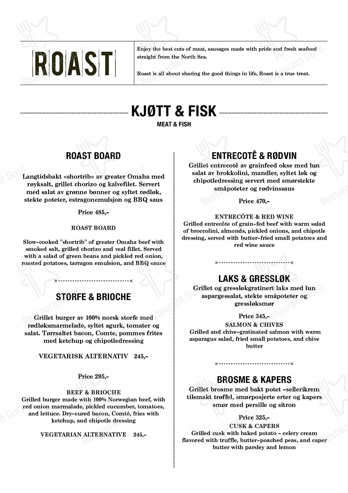 Menu at ROAST Restaurant & Bar, Bodø