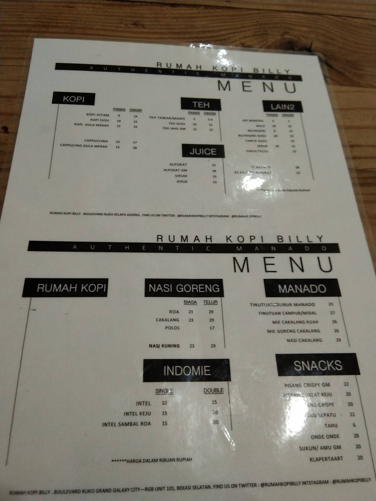 Carta de RUMAH KOPI BILLY, Yakarta Oriental, Jl. Matraman Raya No.130