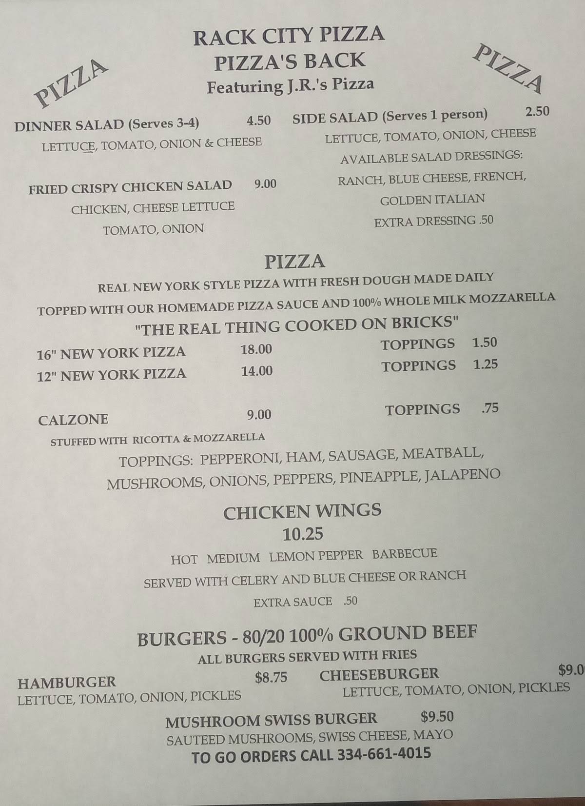 Menu at Rack City pizzeria, Dothan