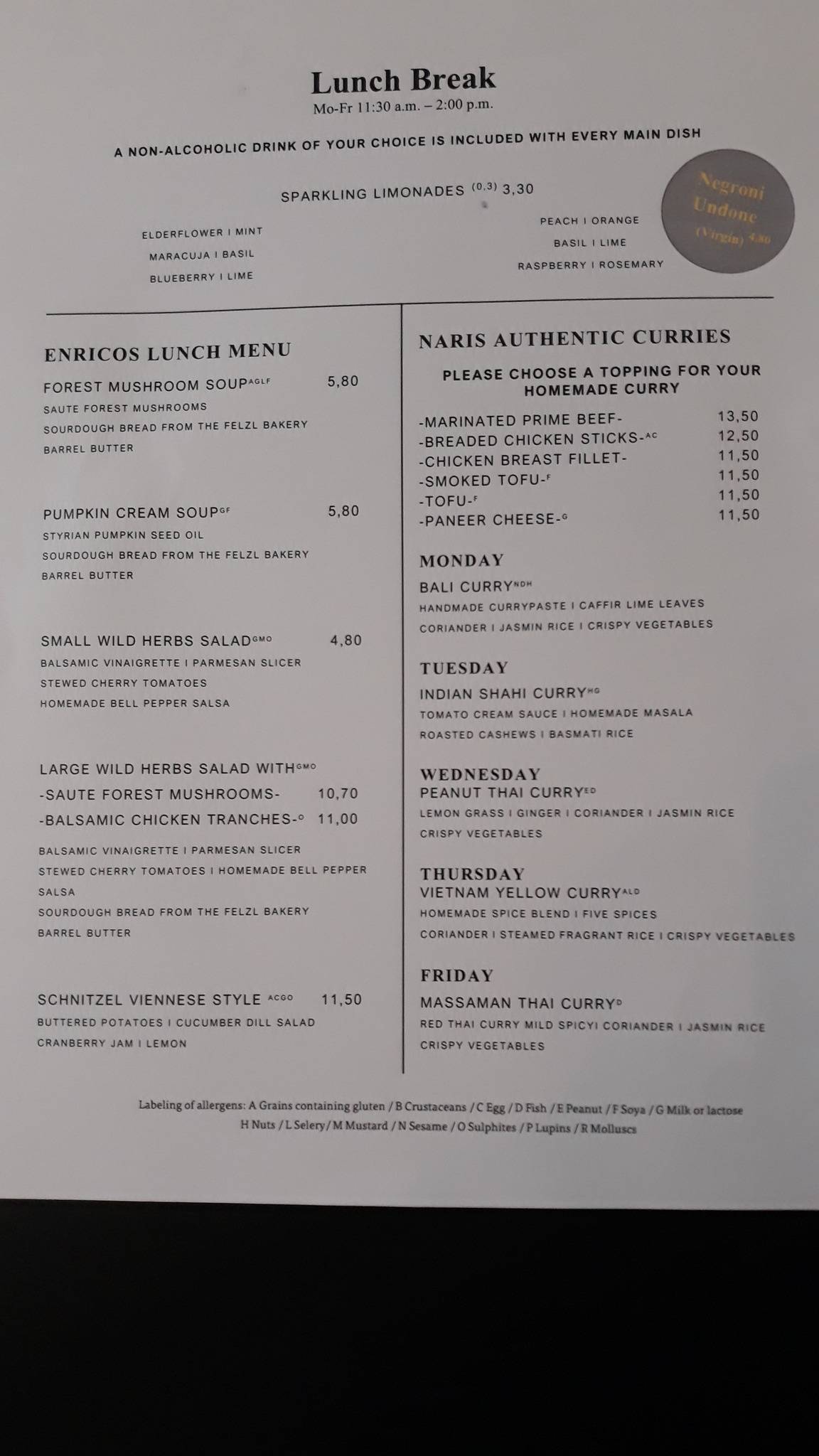 Menu at Radisson Blu Style Hotel, Vienna restaurant, Vienna