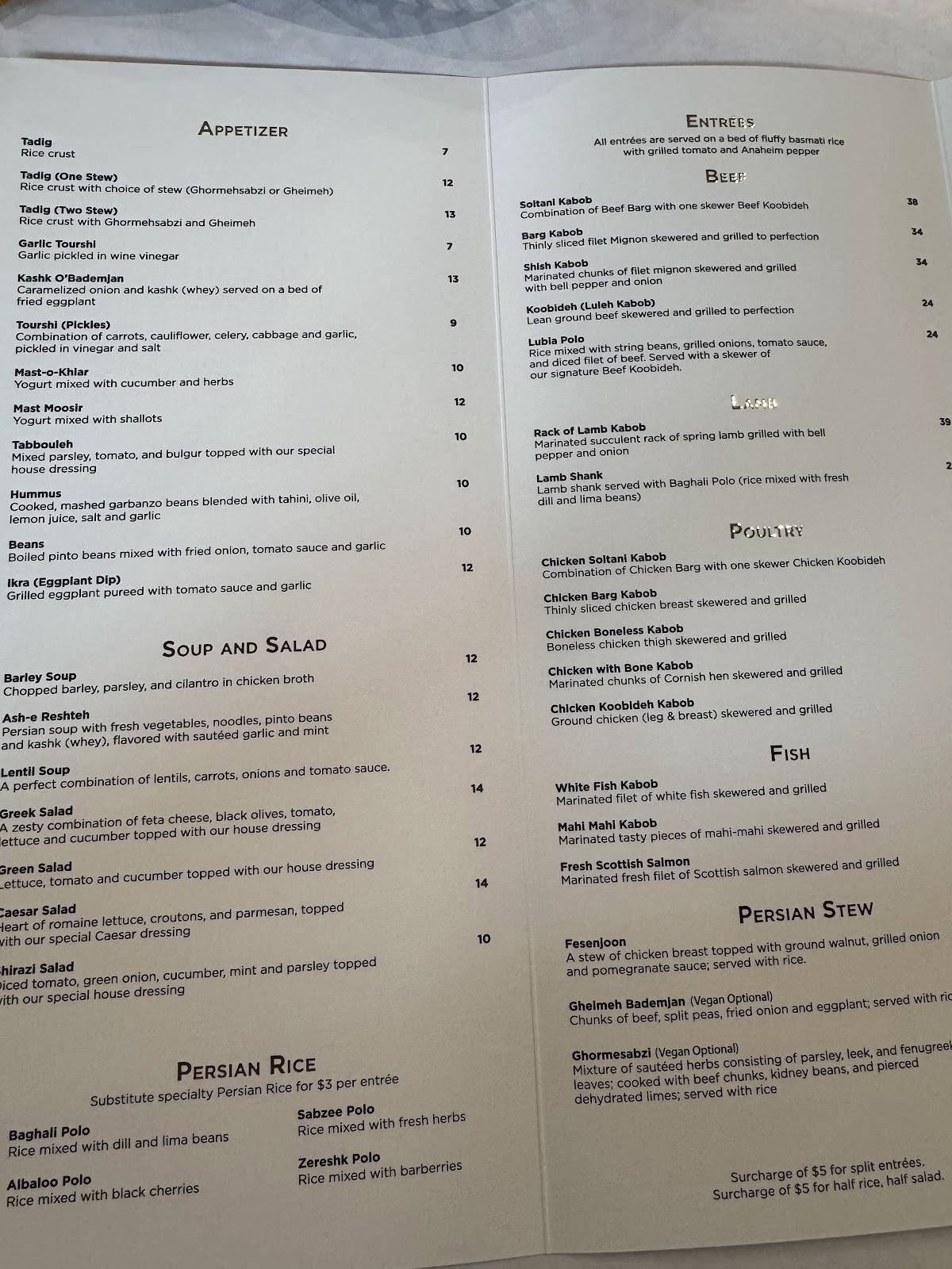 Menu at Raffi's Place restaurant, Glendale