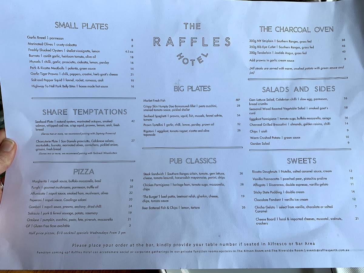 Menu at Raffles Hotel pub & bar, Applecross, 70-72 Canning Beach Rd