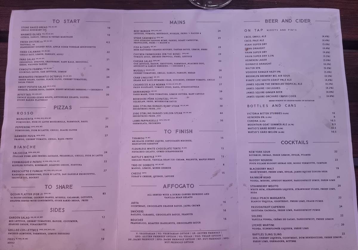 Menu at Raffles Hotel pub & bar, Applecross, 70-72 Canning Beach Rd