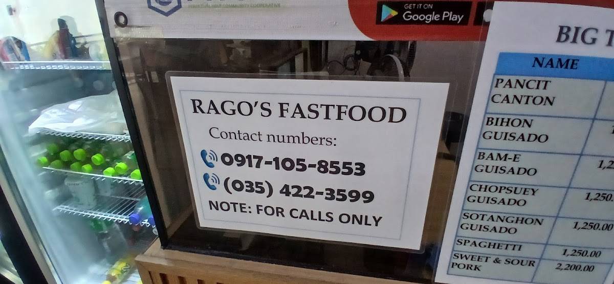 Menu at Rago's Fastfood restaurant, Dumaguete, Jose Romero Road
