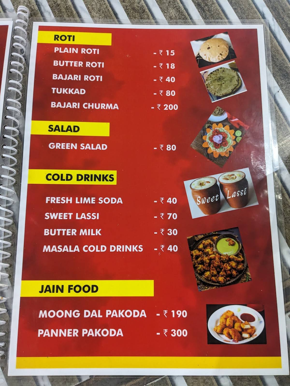 Menu at Rajasthani Dhaba, Omalur, Kamlapuram