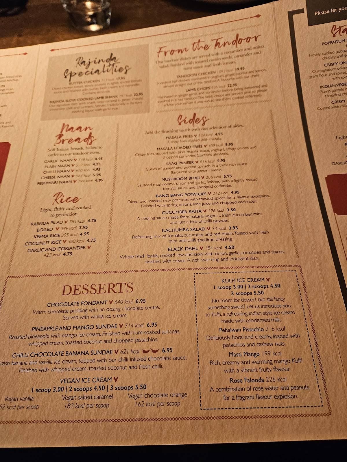 Menu at Rajinda Pradesh restaurant, Rufford, Center Parcs Sherwood Forest