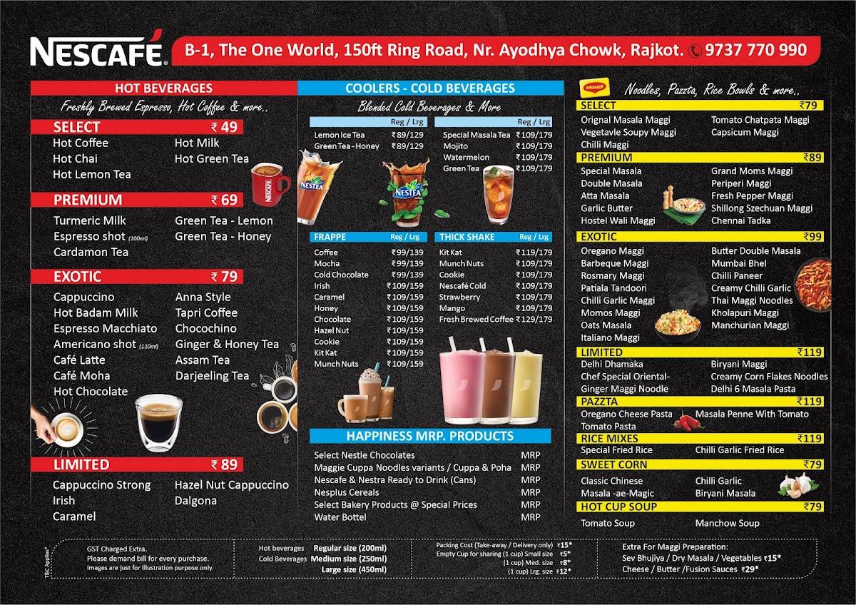 Menu at Nescafé, Rajkot, The One World