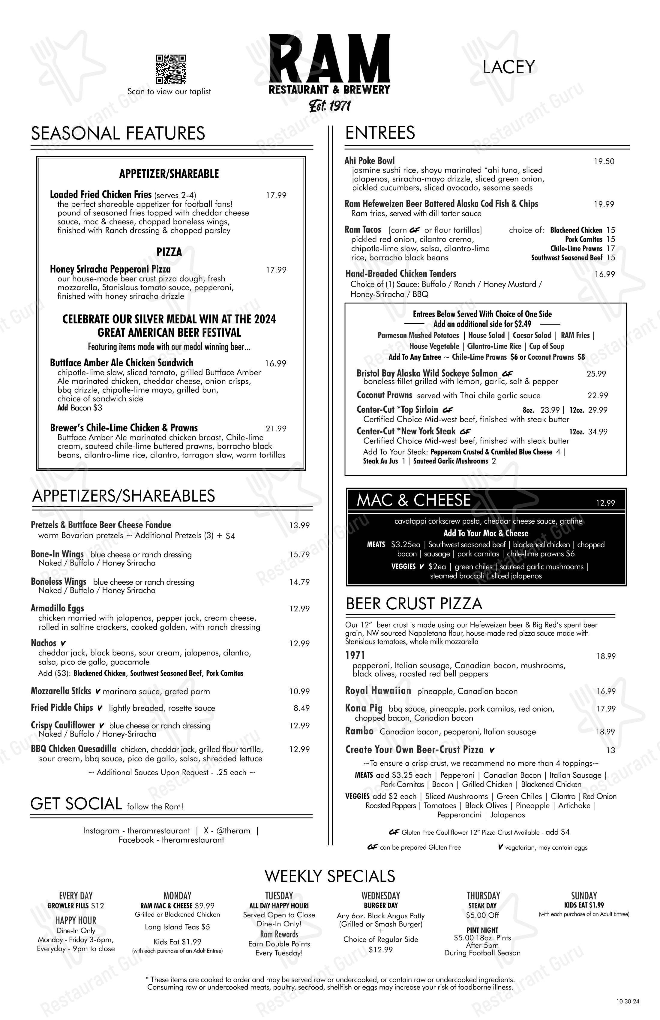 Menu at Ram Restaurant & Brewery, Lacey, Freedom Ln NE c