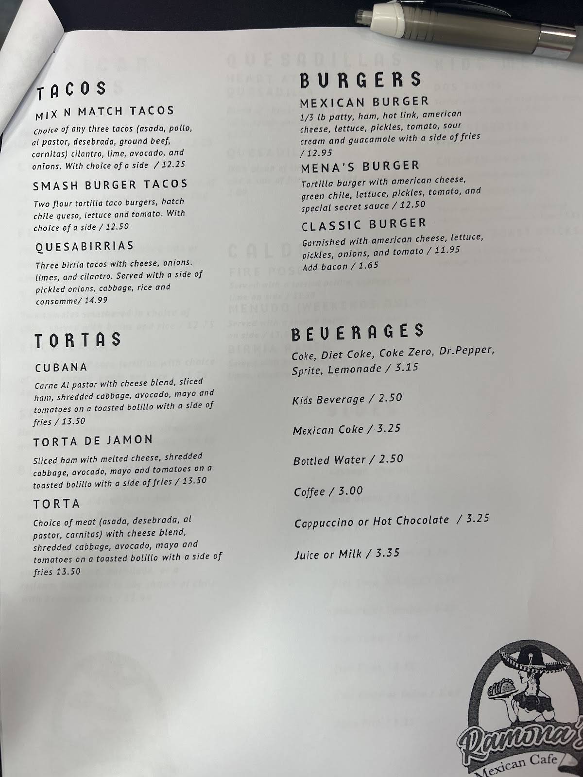 Menu at Ramona's Mexican Cafe, Albuquerque