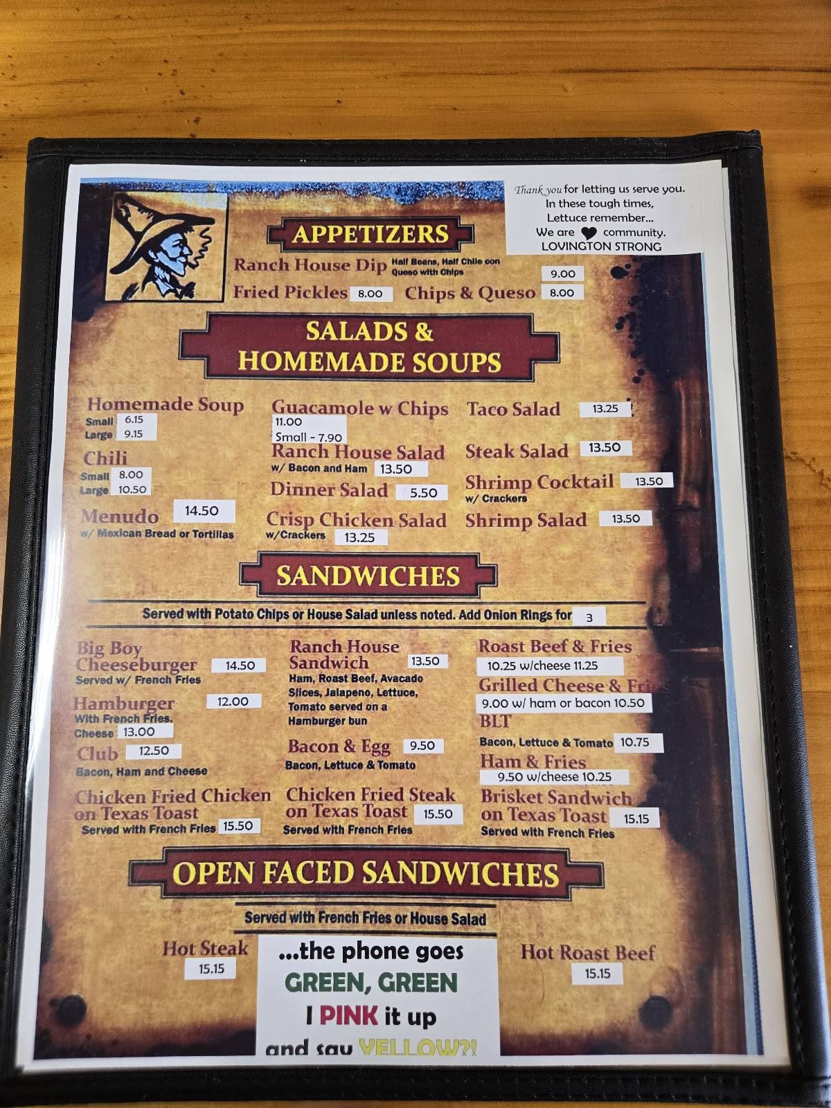 Menu at Ranch House Restaurant, Lovington