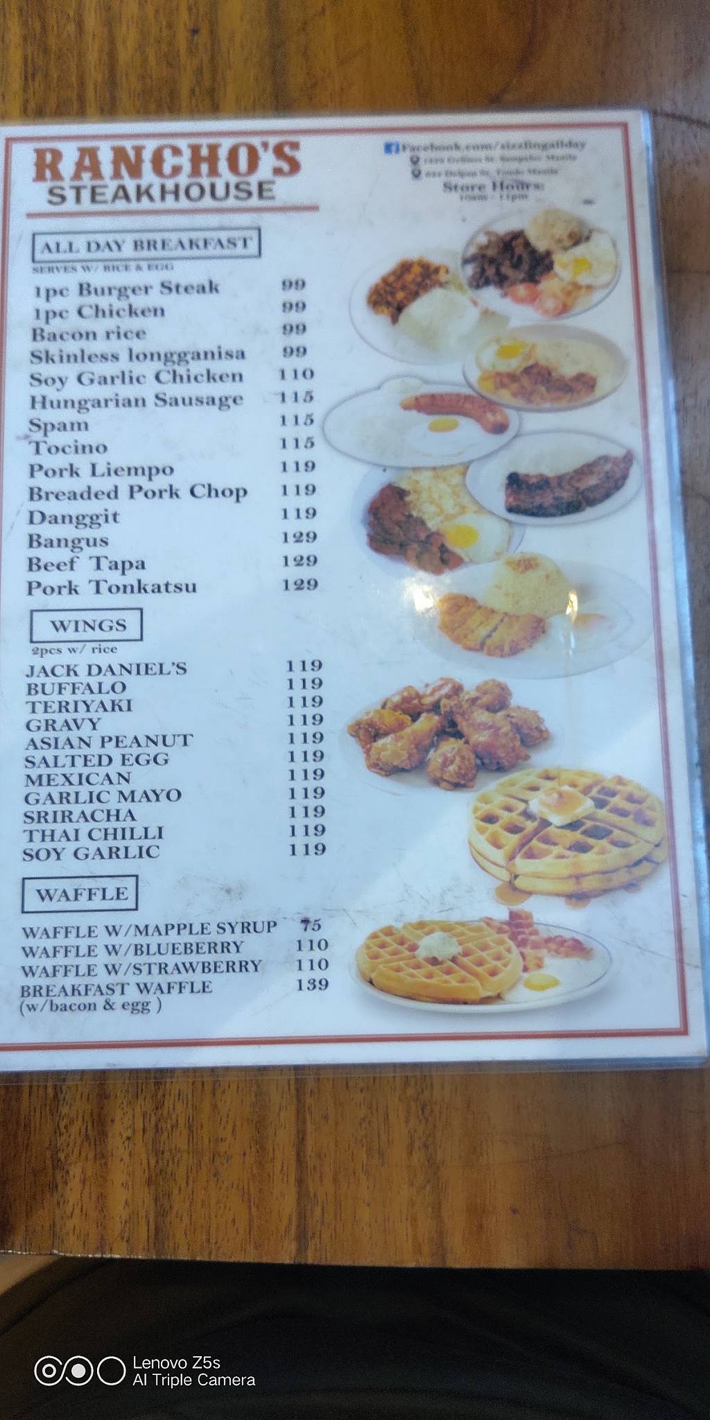 Menu at Rancho's Steak House restaurant, Manila