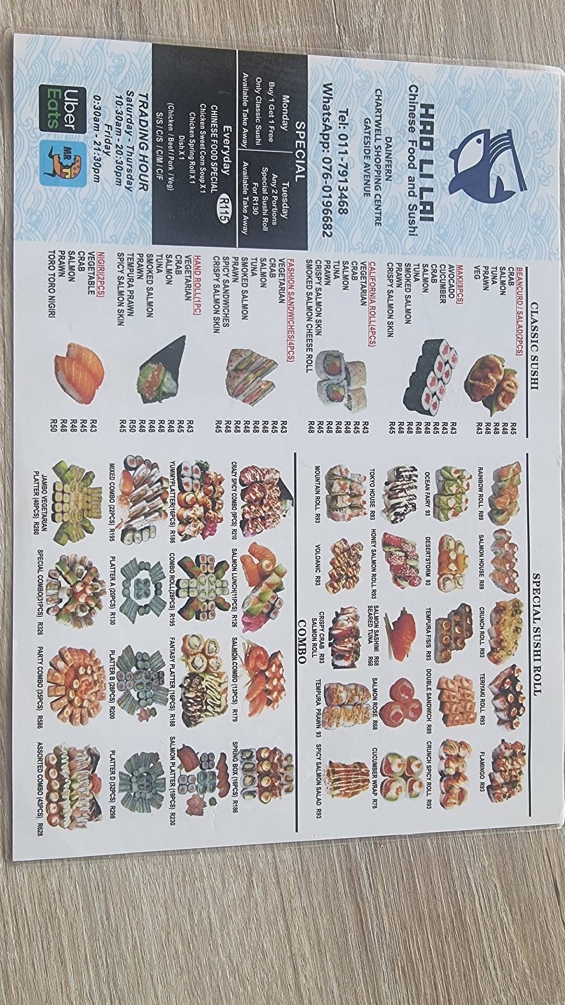 Menu at Hao li Lai Chartwell shopping centre restaurant, Randburg