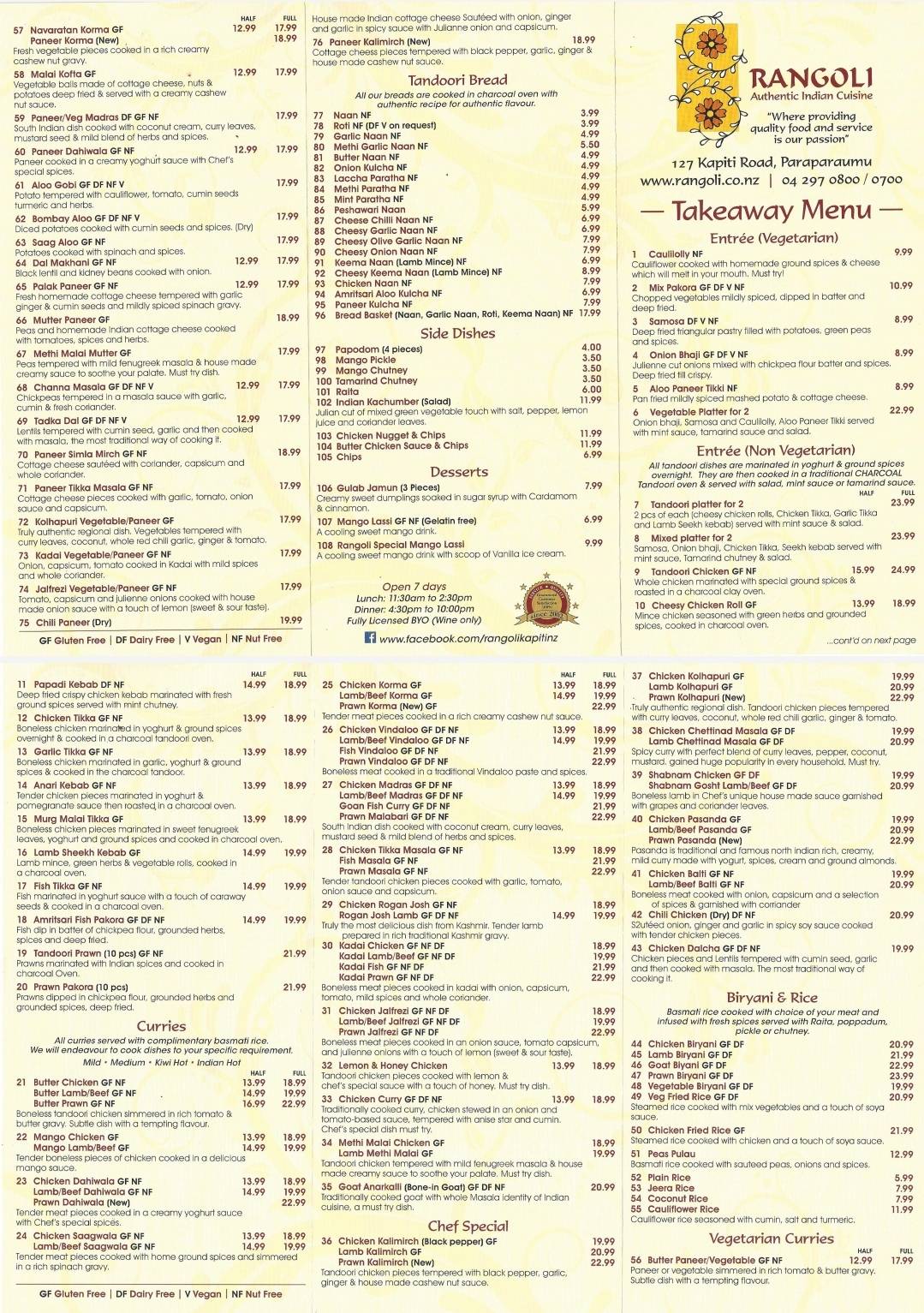 Menu at Rangoli Indian Restaurant, Paraparaumu