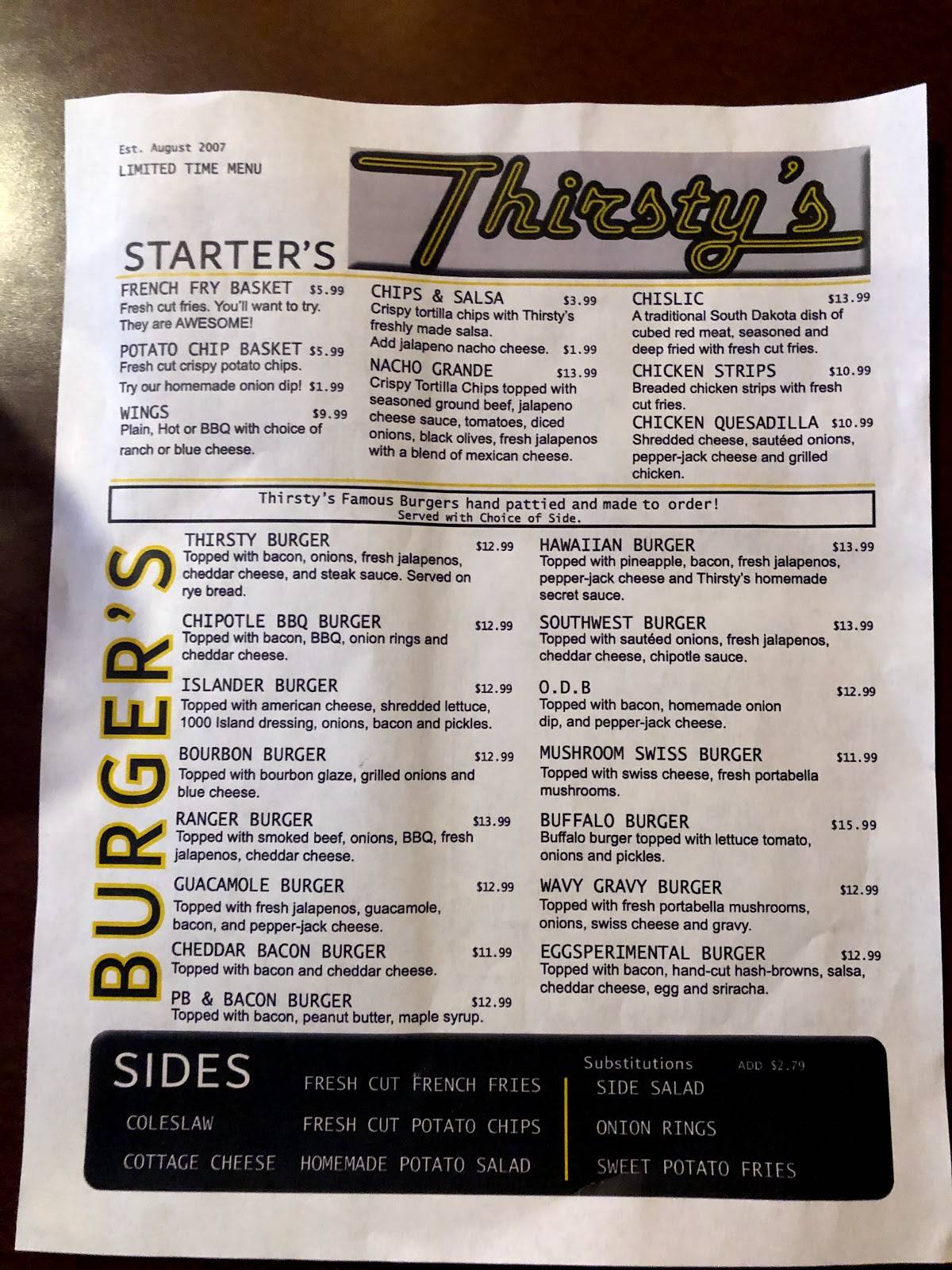 Menu at Thirsty's pub & bar, Rapid City