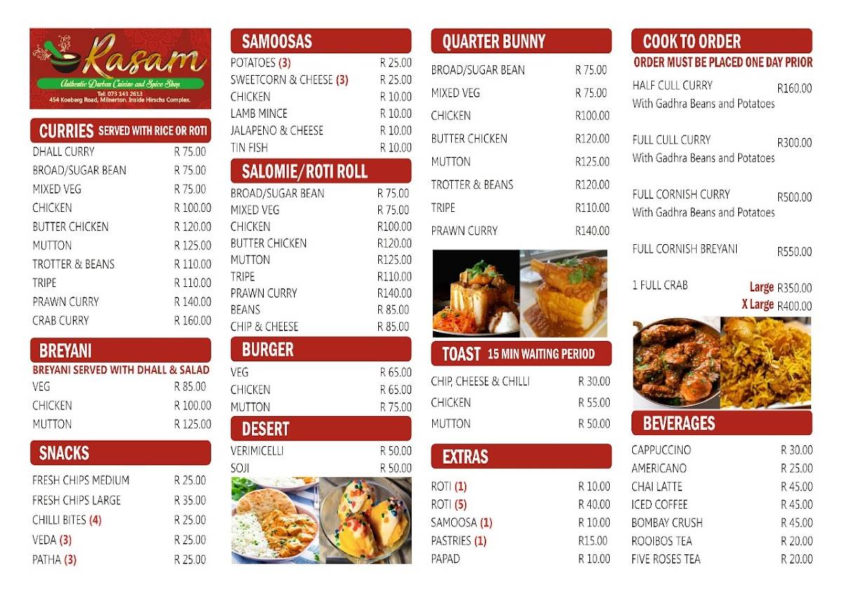 Menu at Rasam Indian Restaurant, Cape Town, 454 Koeberg Rd