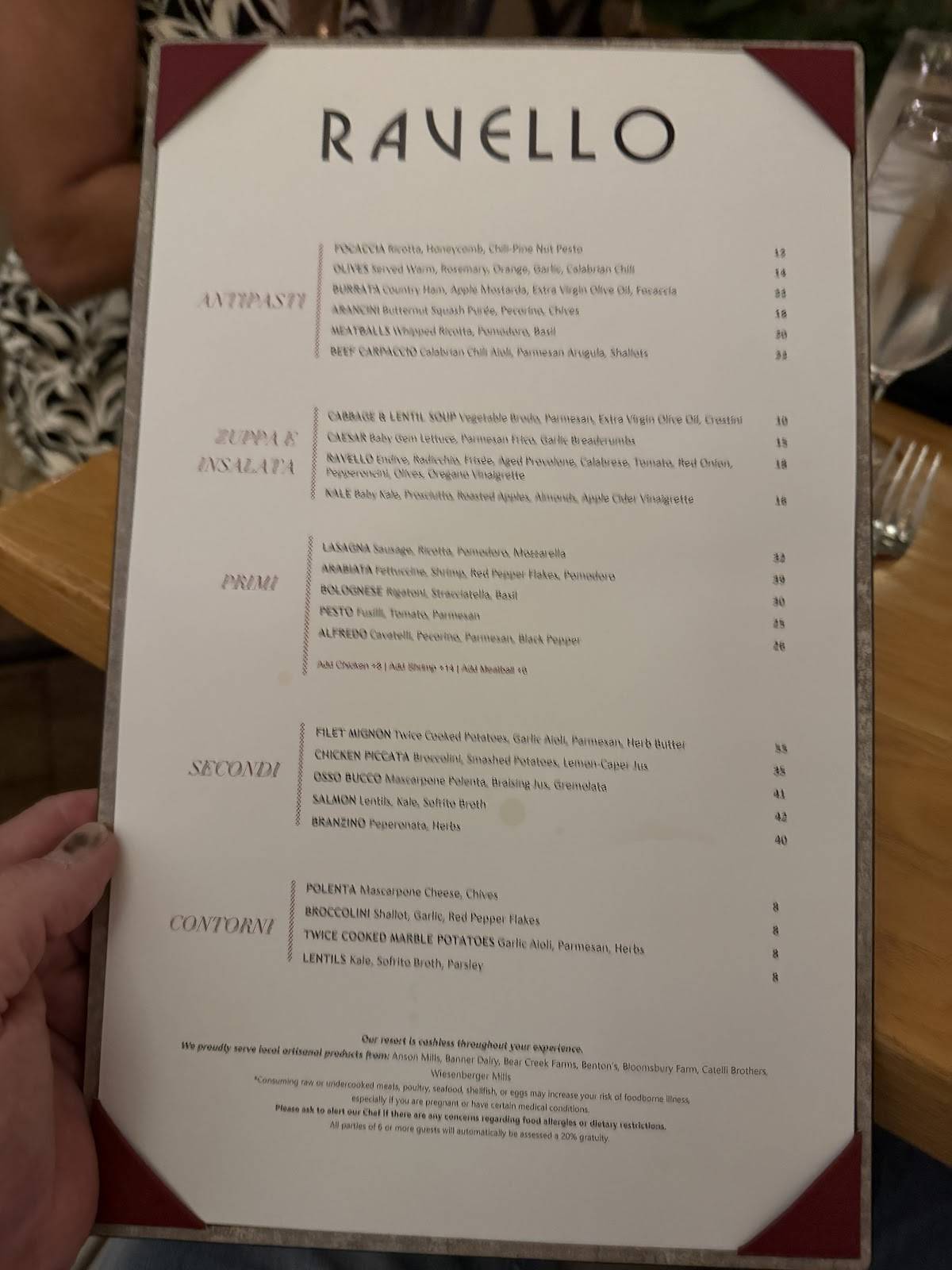 Menu at Ravello restaurant, Nashville, Opryland Dr
